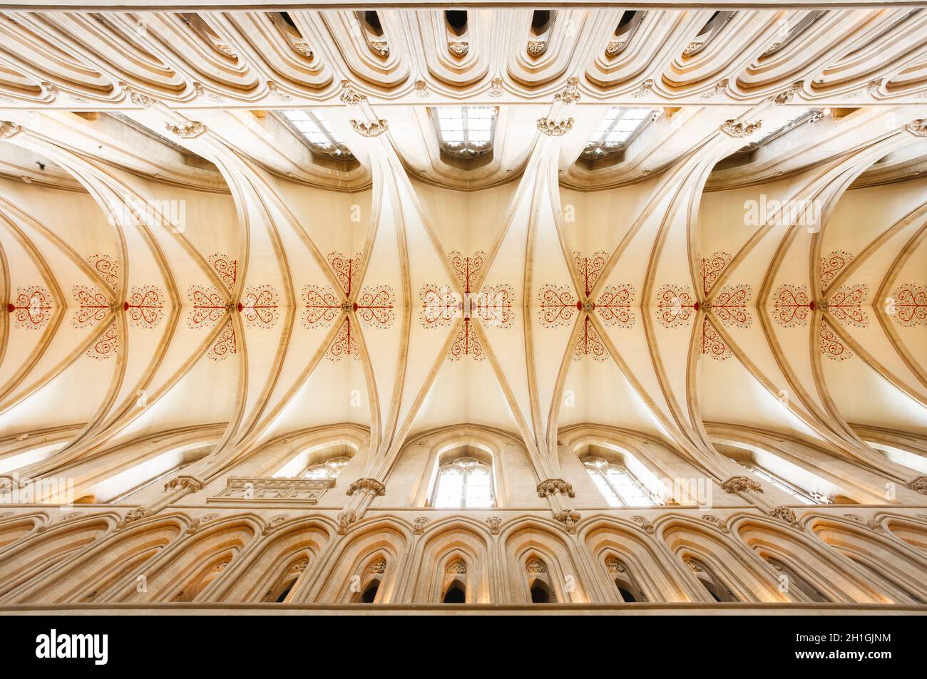 WELLS, UK - October 07, 2011. Wells Cathedral ceiling of the nave, with ...