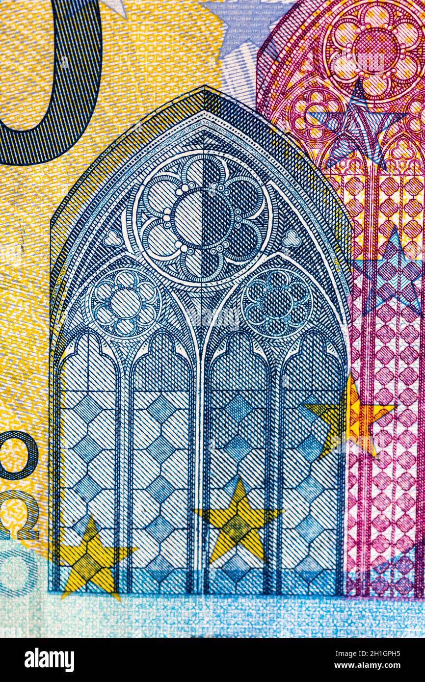 Selective focus on detail of euro banknotes. Close up macro detail of ...