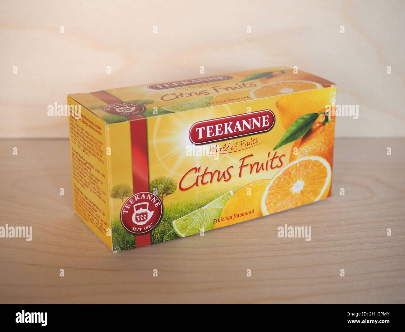 DUESSELDORF, GERMANY - CIRCA JULY 2020: Box of Teekanne citrus fruits ...