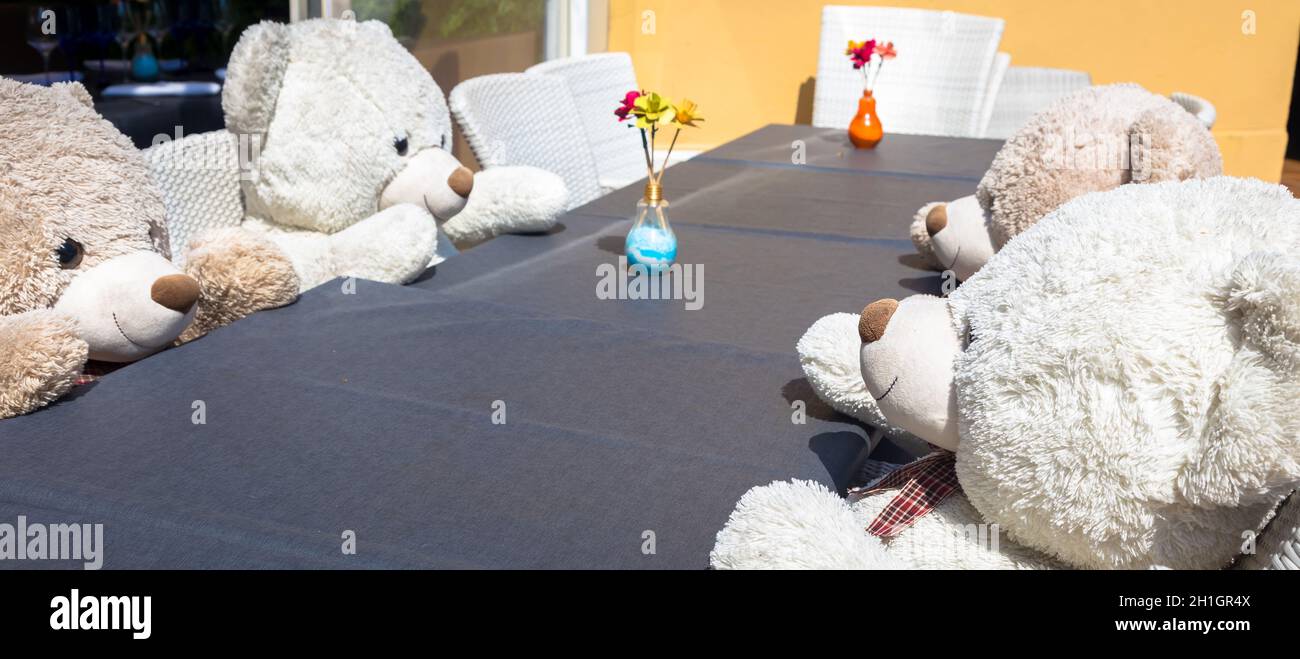 A group of Teddy Bears sitting at the a table and ready for a lunch or ...