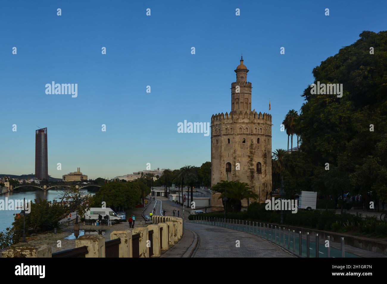 The Golden Tower in Seville. The embankment in the capital of Andalusia ...