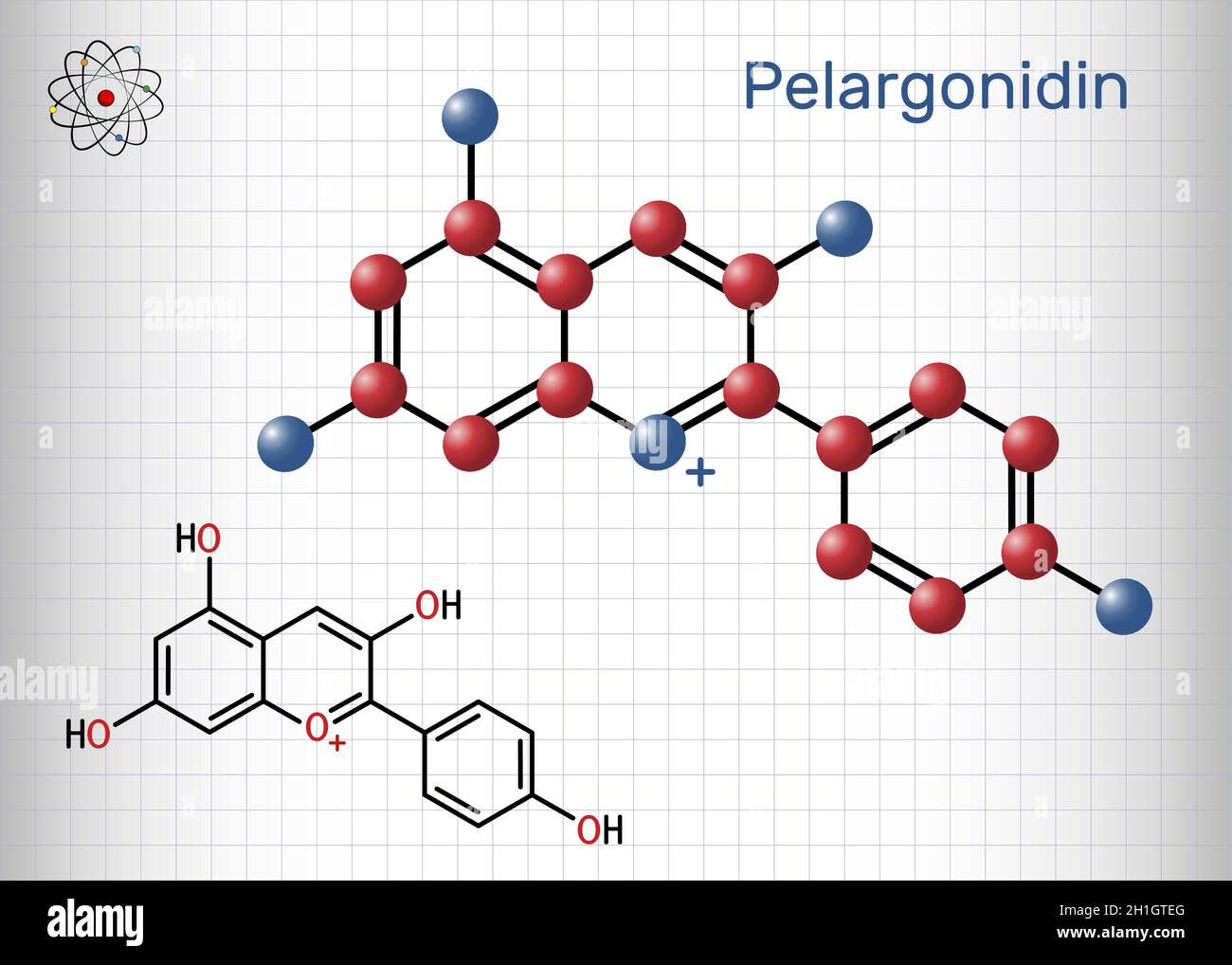 Pelargonidin molecule. It is anthocyanidin cation, plant pigment ...