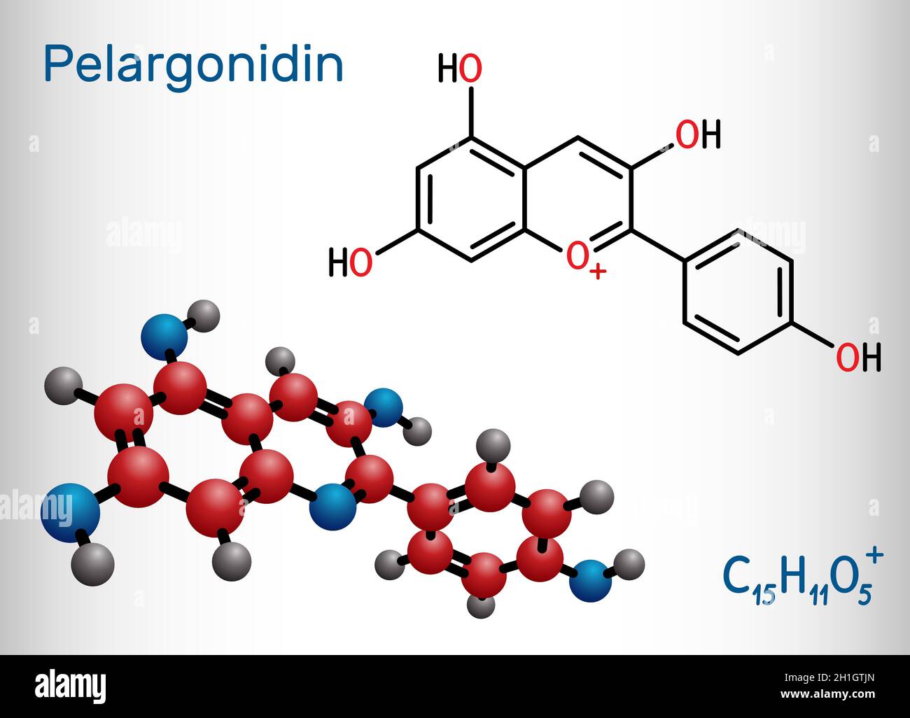 Pelargonidin molecule. It is anthocyanidin cation, plant pigment ...