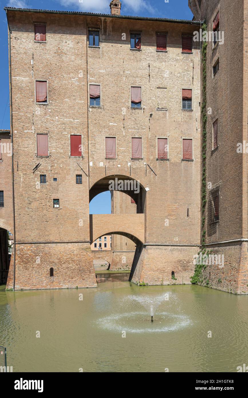 Ferrara, Italy. August 6, 2020. A panoramic view of Este Castle in the ...