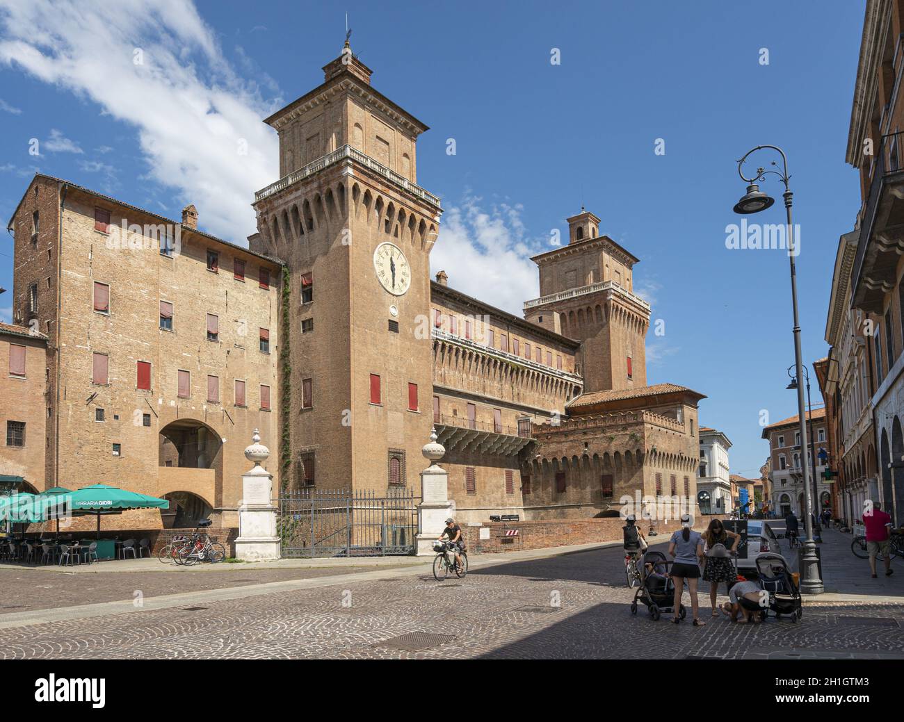 Ferrara, Italy. August 6, 2020. A panoramic view of Este Castle in the ...