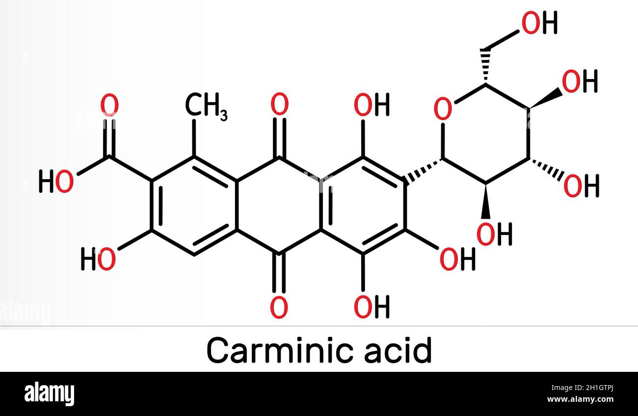 Carminic acid molecule. It is сoloring matter, red glucosidal ...