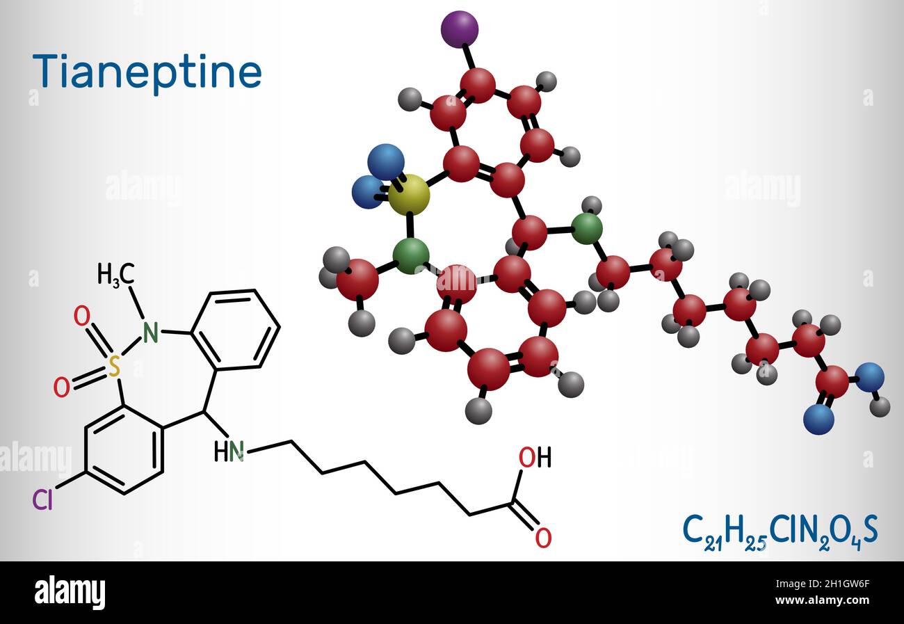 Tianeptine molecule. It is tricyclic antidepressant TCA. Structural ...