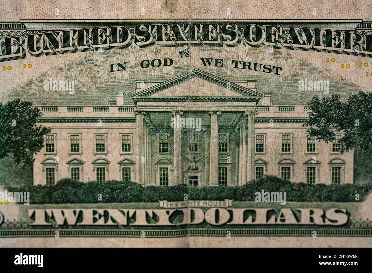 Selective focus on detail of 20 dollars banknote. Close up macro detail ...