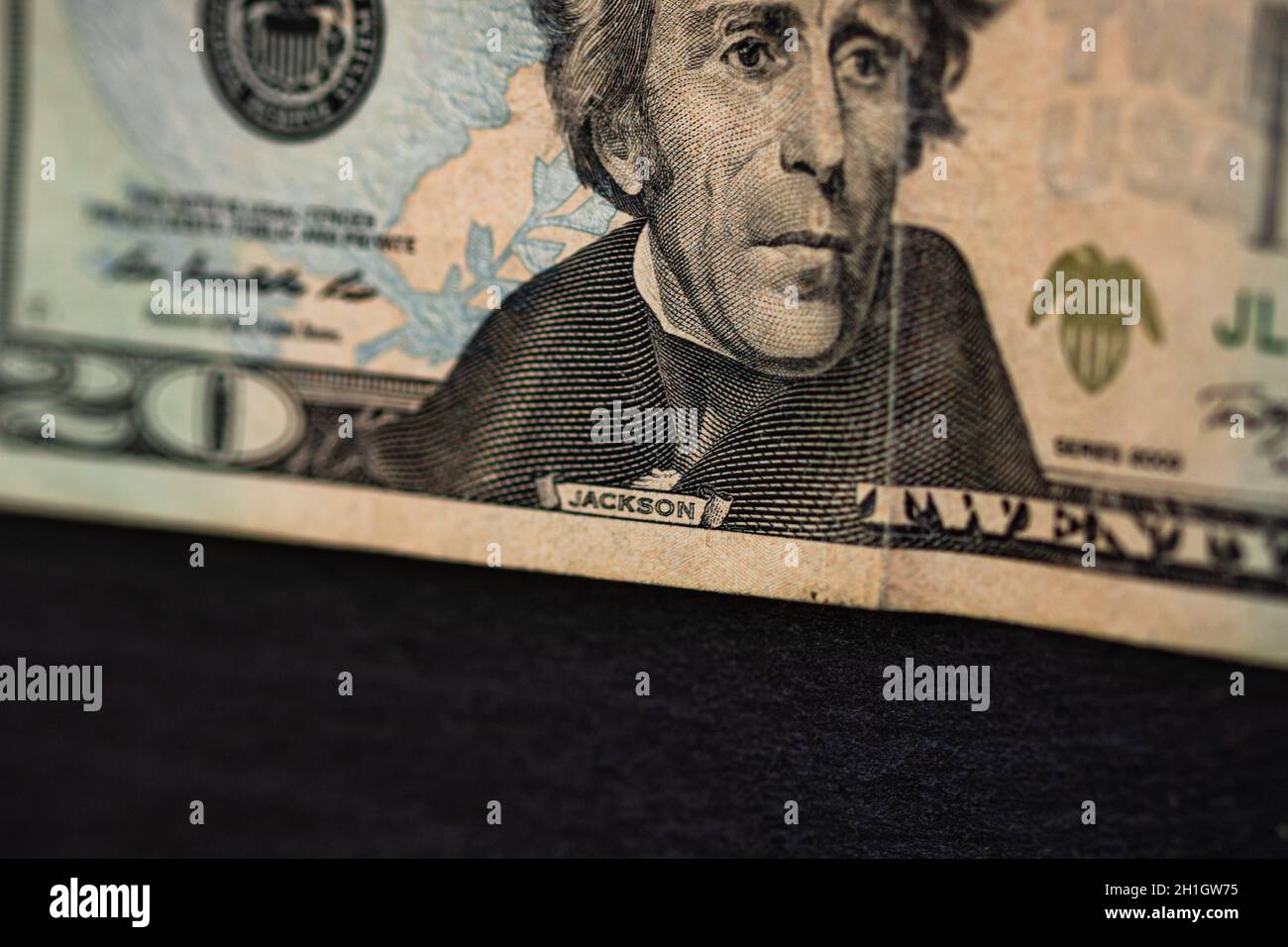 Selective focus on detail of 20 dollars banknote. Close up macro detail ...