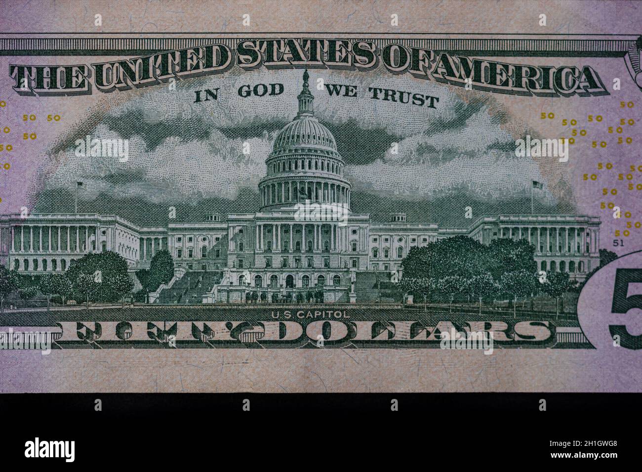 Selective focus on detail of 50 dollars banknote. Close up macro detail ...