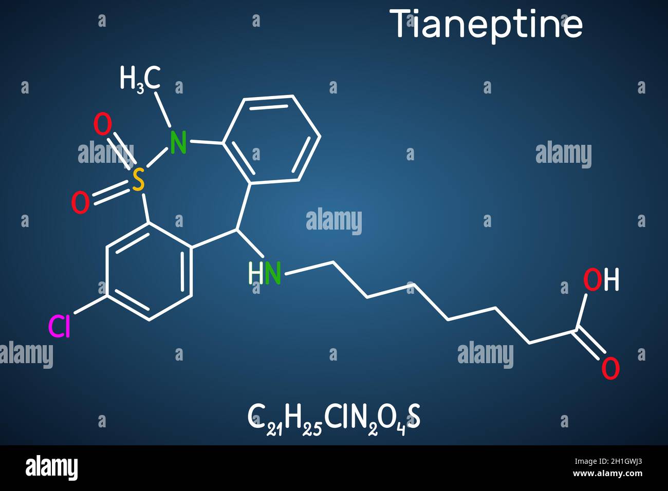 Tianeptine molecule. It is tricyclic antidepressant TCA. Structural ...