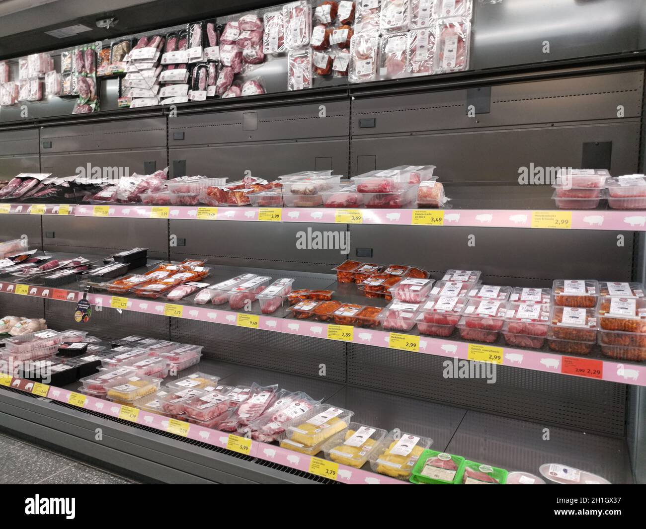 WETZLAR, GERMANY 2019-12-18 Arranged Meat in ALDI grocery Store. Aldi ...