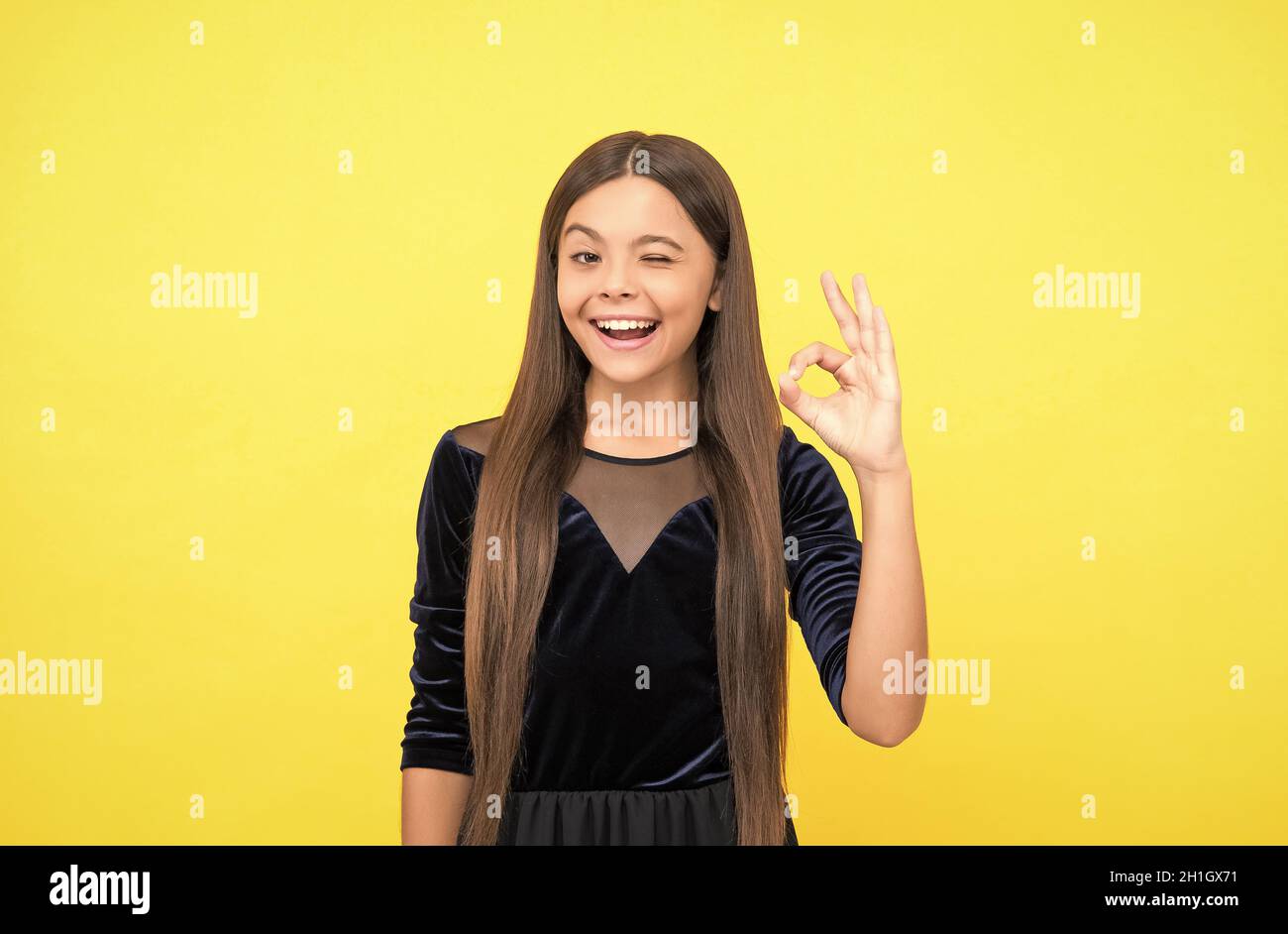 Everything is cool. Happy child show OK yellow background. Cool look of ...