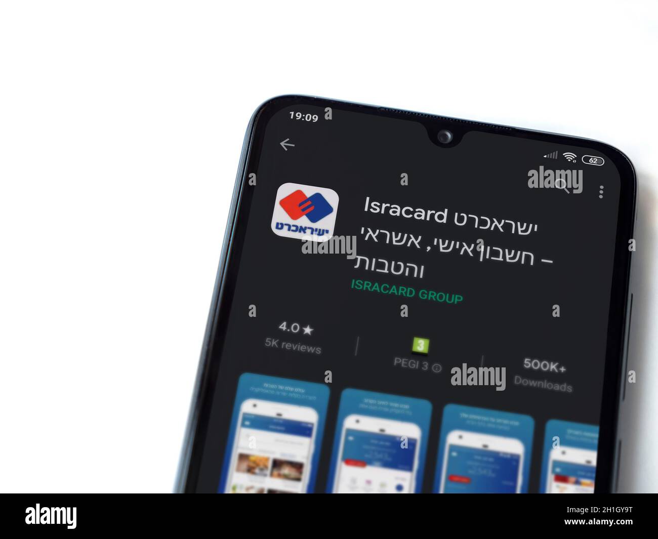 Lod, Israel - July 8, 2020: Isracard app play store page on the display of a black mobile ...