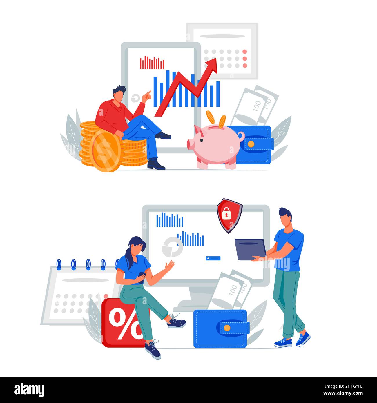 Set of business scenes on topic of online finance, earnings and money ...