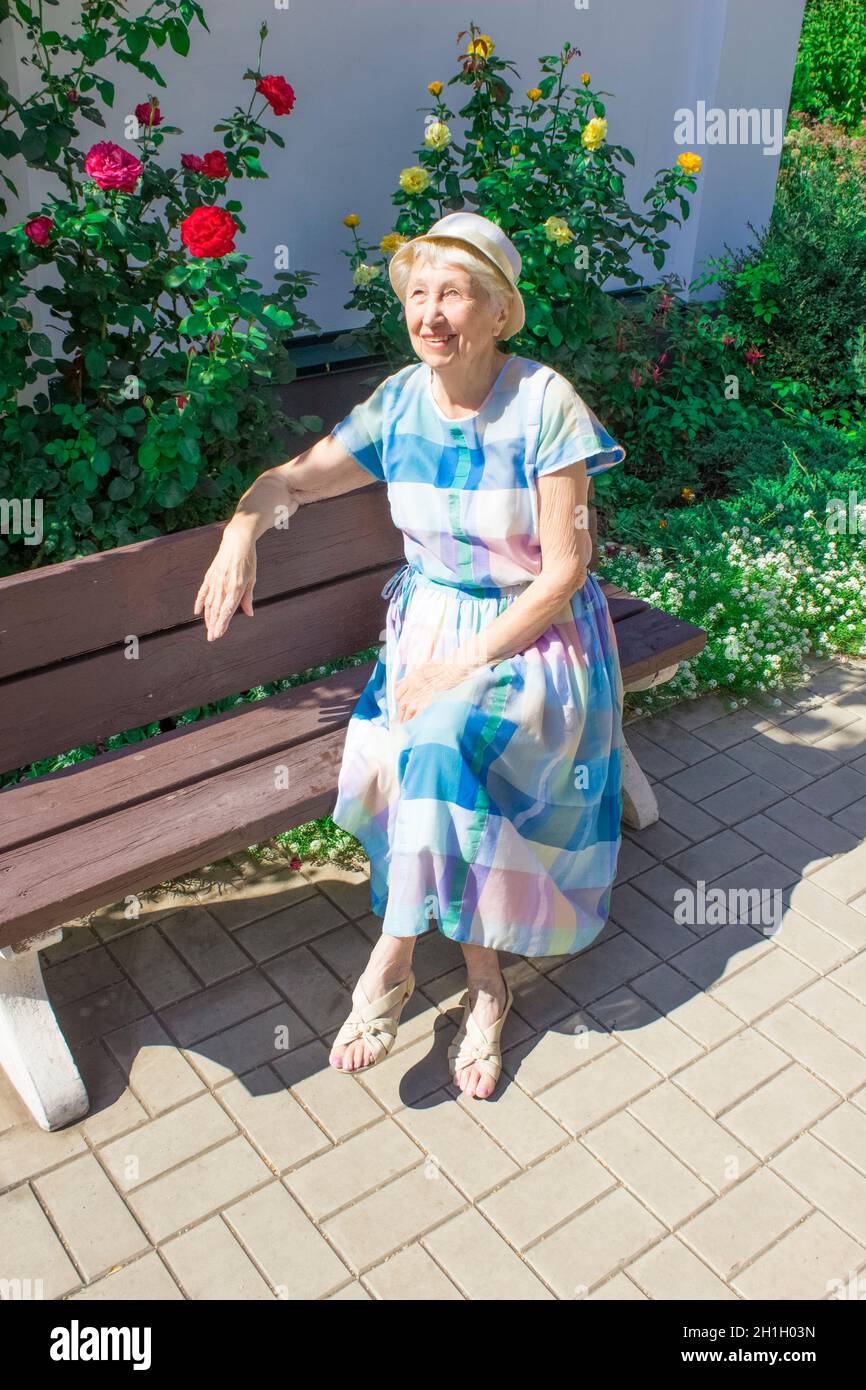 Portrait of a smiling elderly woman. A photo on the nature park ...