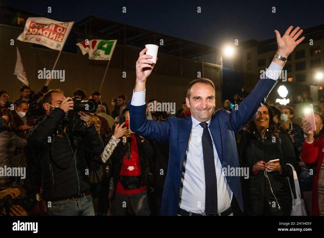 Turin, Italy. 18 October 2021. Stefano Lo Russo celebrates after his ...