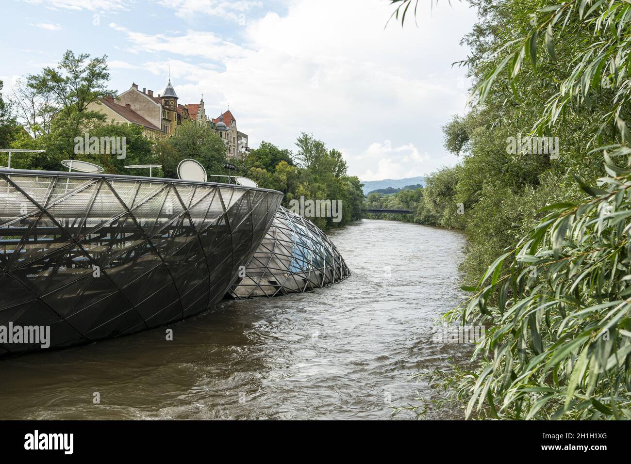 Graz, Austria. August 2020. A view of the Island in the Mur structure ...