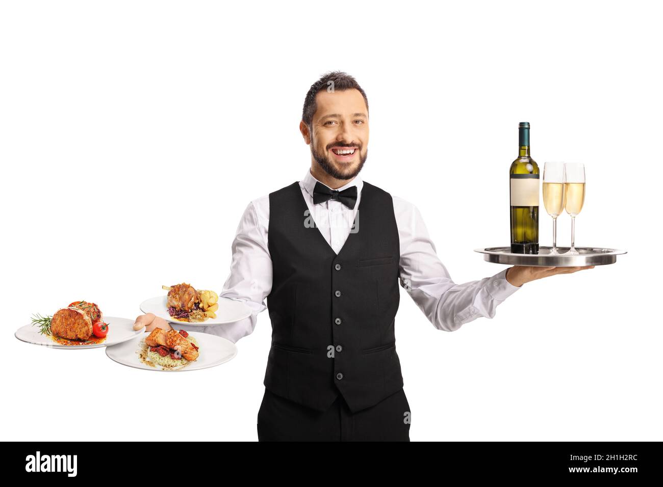 Server carrying a tray with wine and food on plates isolated on white ...