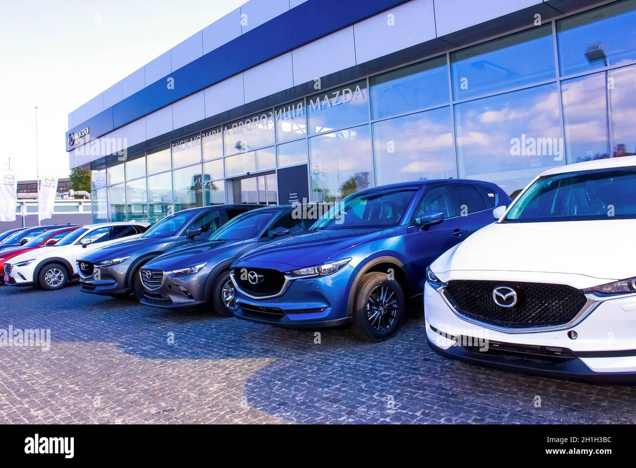 Kyiv, Ukraine - August 15, 2020: retail of Mazda store front, Mazda is ...