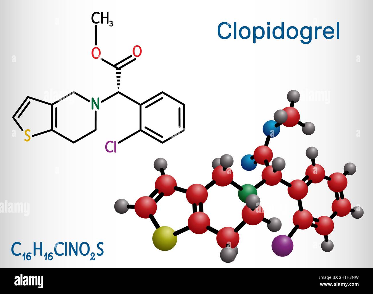 Clopidogrel molecule. It is prodrug, antiplatelet medication, used to ...