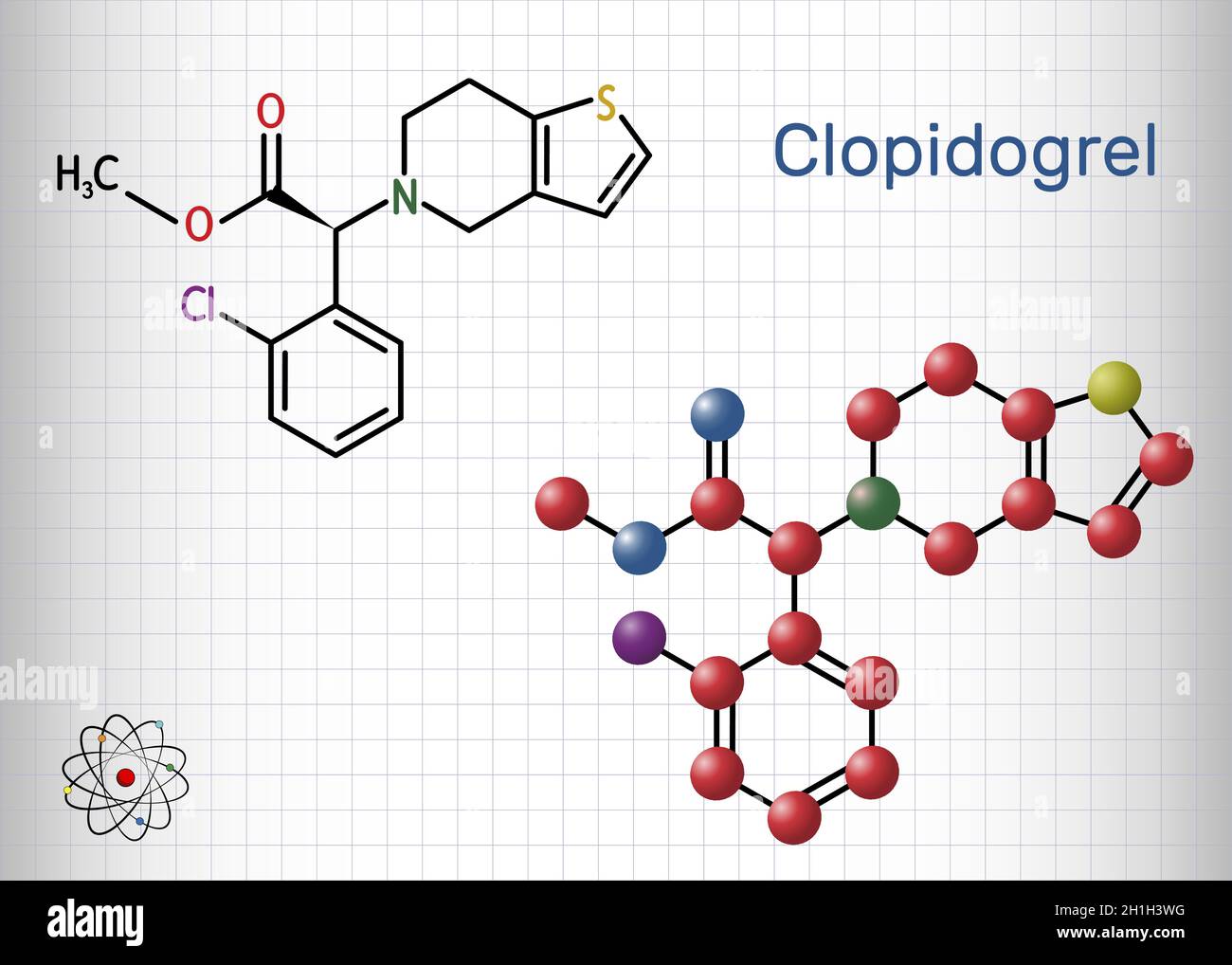 Clopidogrel molecule. It is prodrug, antiplatelet medication, used to ...