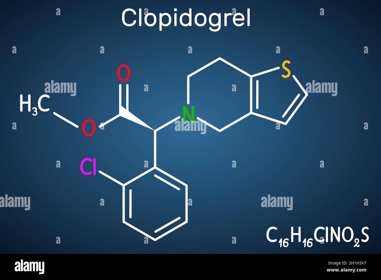 Clopidogrel molecule. It is prodrug, antiplatelet medication, used to ...