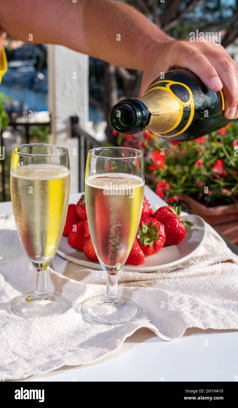 Summer party, pouring of French brut champagne sparkling wine in ...