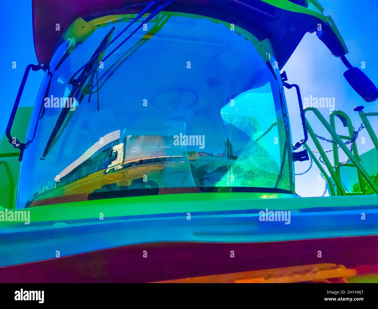 Modern combine harvester cab at road. The agriculture, farming concept ...