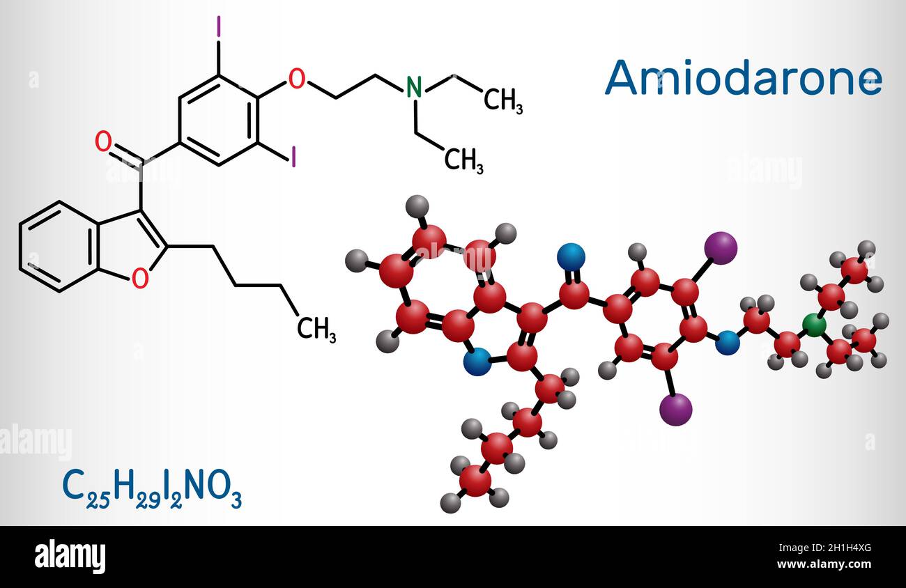 Amiodarone molecule. It is antiarrhythmic, vasodilatory, cardiovascular ...