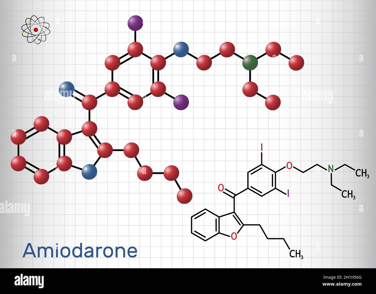 Amiodarone molecule. It is antiarrhythmic, vasodilatory, cardiovascular ...