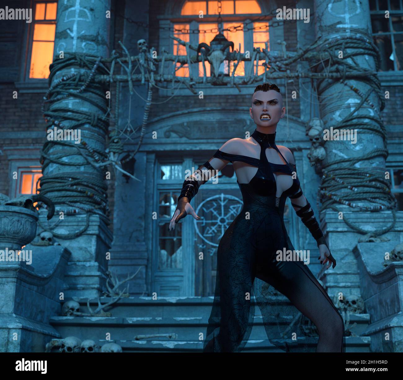 Horror female vampire near the abandoned house. Halloween. 3d rendering ...
