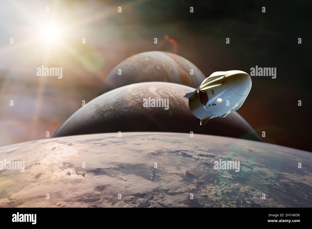 Cargo spacecraft in low-Earth orbit on background of planets. Elements ...