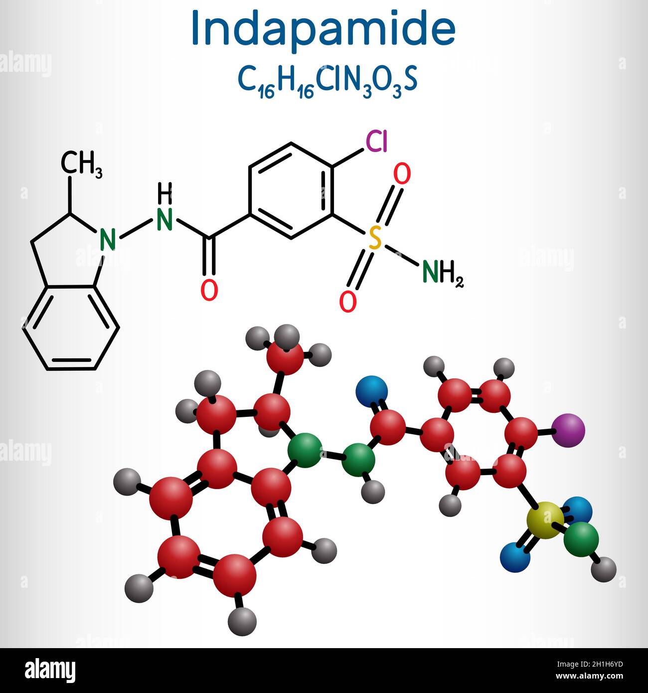 Indapamide molecule. It is thiazide-like diuretic, hypertension drug ...