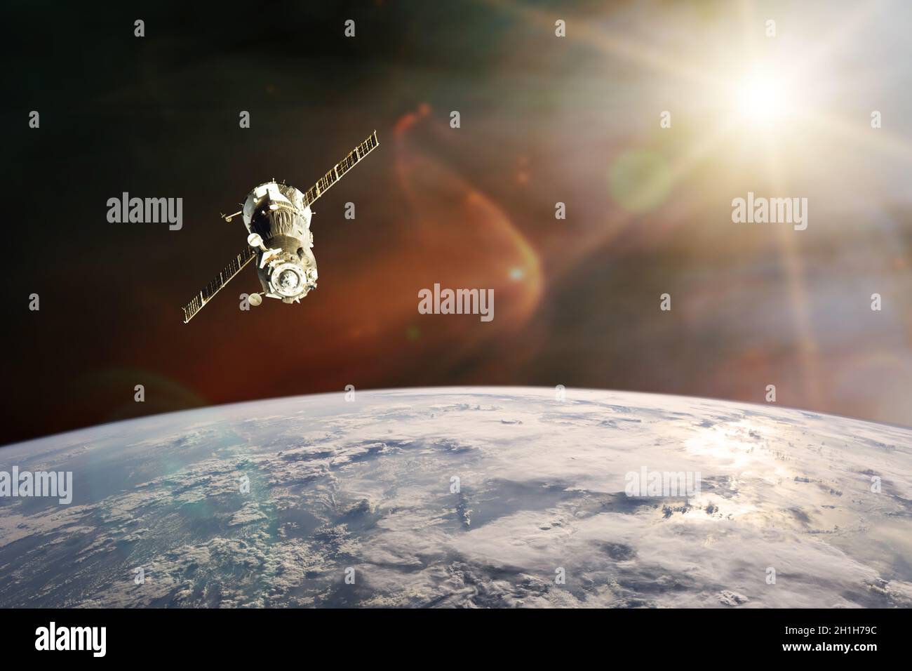 Blue planet Earth. Spacecraft launch into space. Elements of this image ...