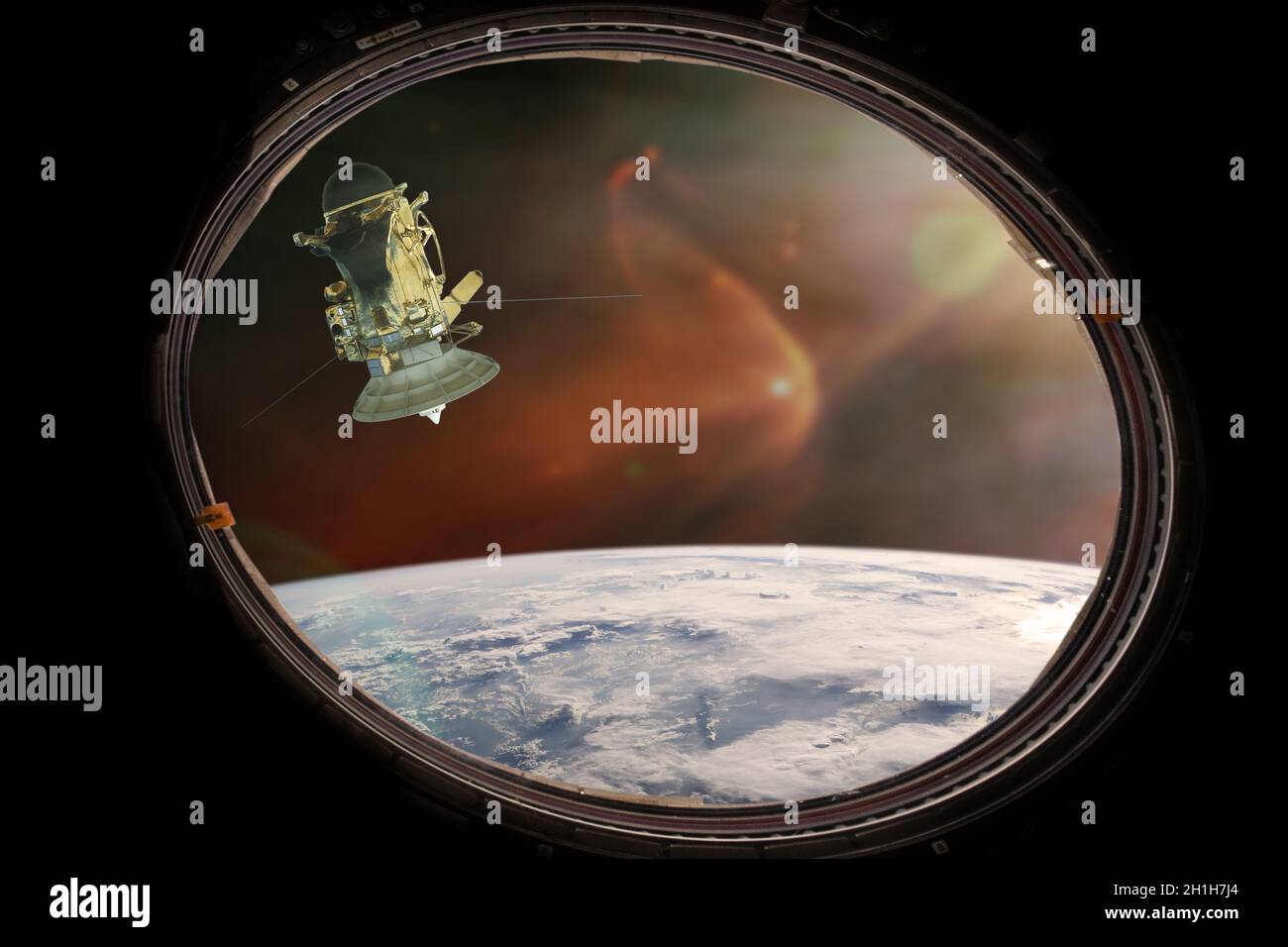 View from porthole. Spacecraft launch into space. Elements of this ...