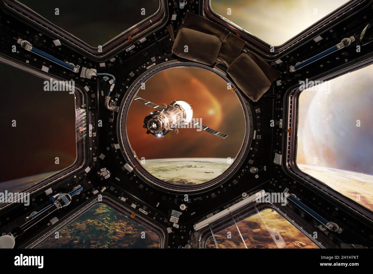 View from porthole. Spacecraft launch into space. Elements of this ...