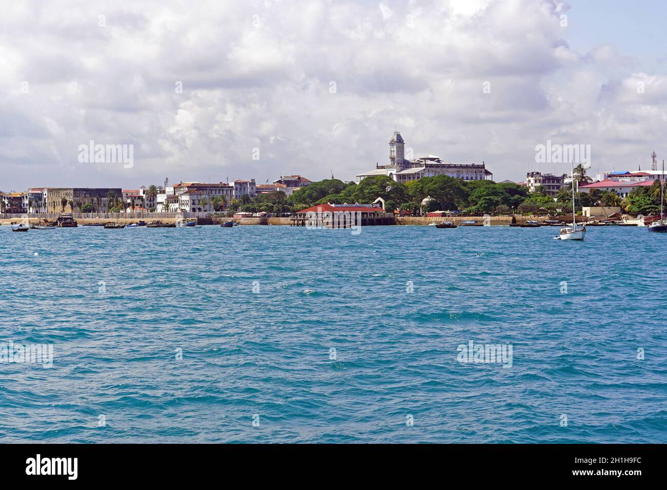 Zanzibar, Tanzania - July 16, 2017: Cityscape coastline from sea in ...