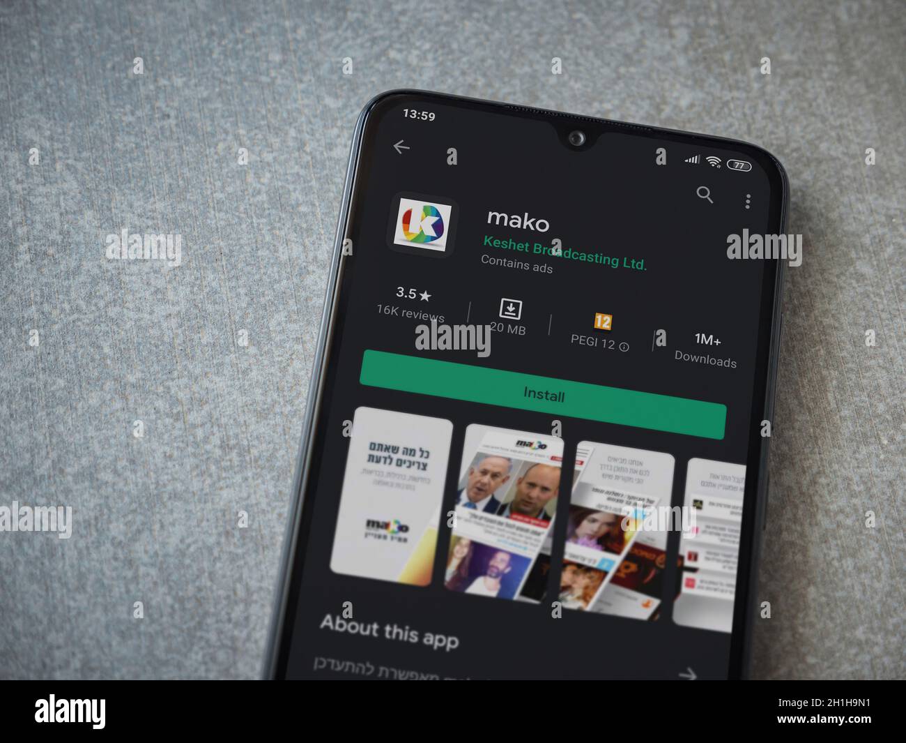 Lod, Israel - July 8, 2020: mako app play store page on the display of ...