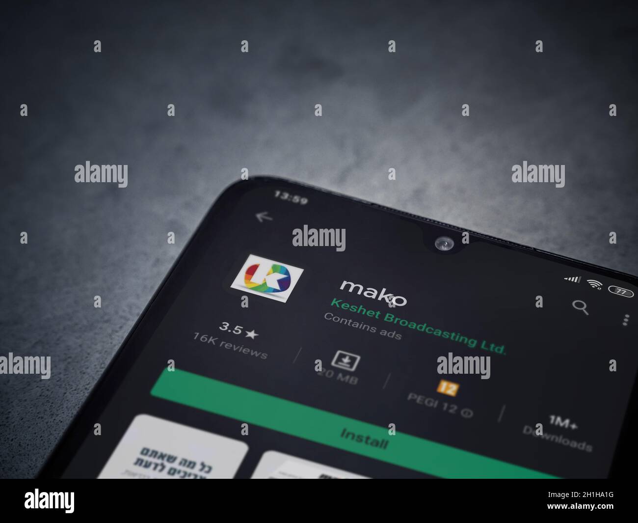 Lod, Israel - July 8, 2020: mako app play store page on the display of ...