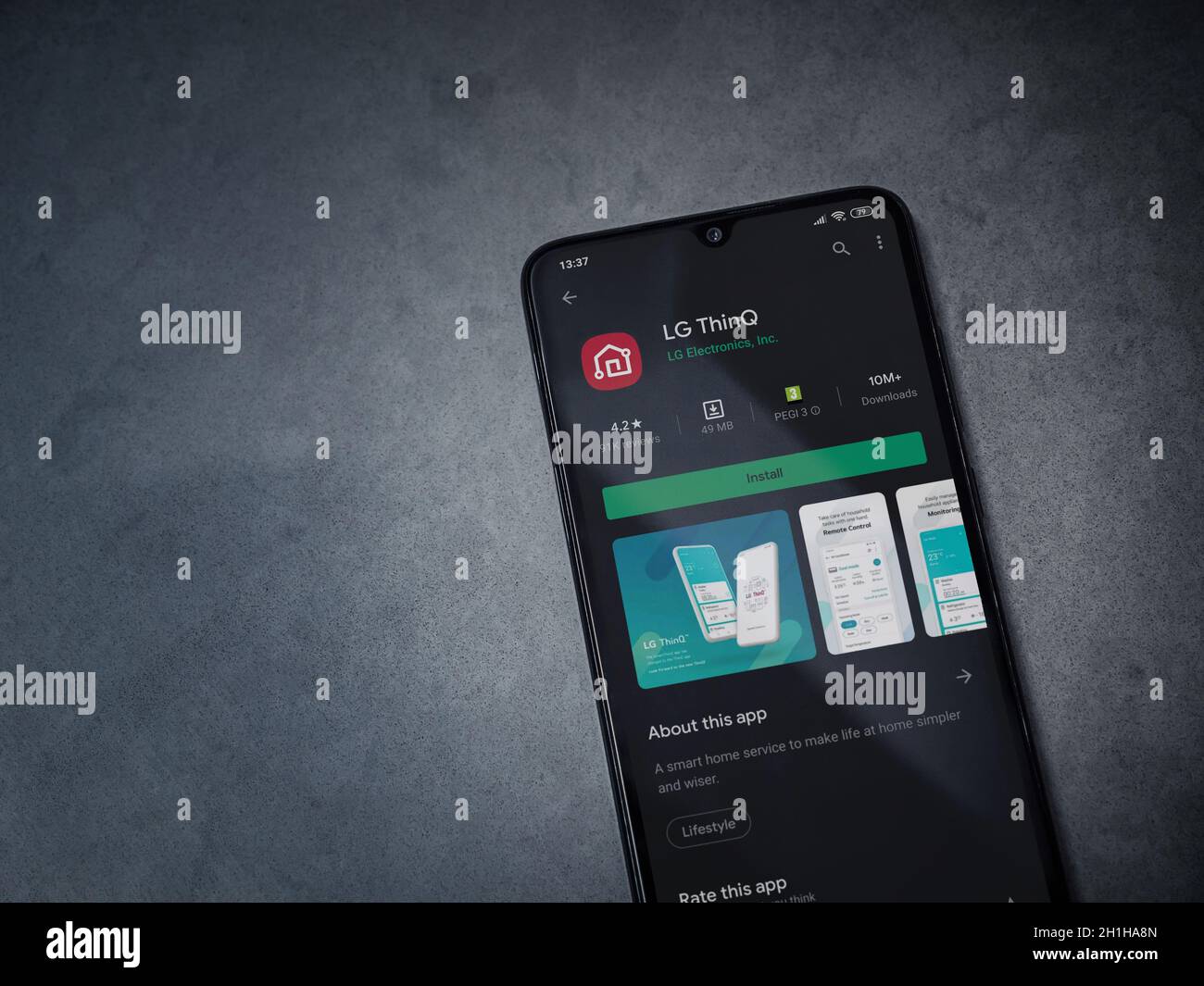 Lod, Israel - July 8, 2020: LG ThinQ app play store page on the display of a black mobile ...