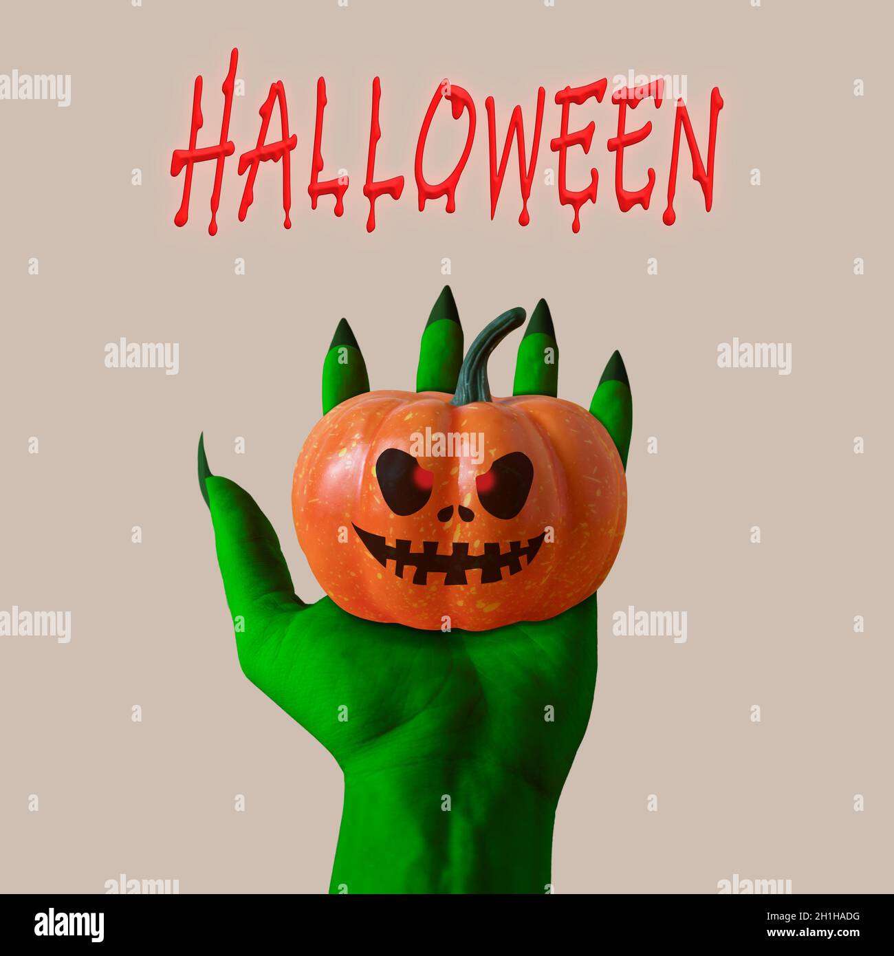 Zombie's green hand with Pumpkin. Halloween minimal concept Stock Photo ...