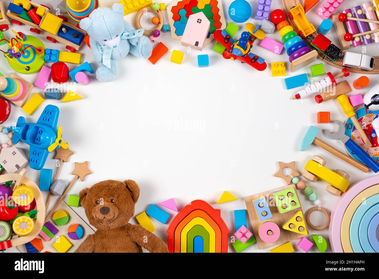 Baby kids toys frame. Set of colorful educational wooden and fluffy ...