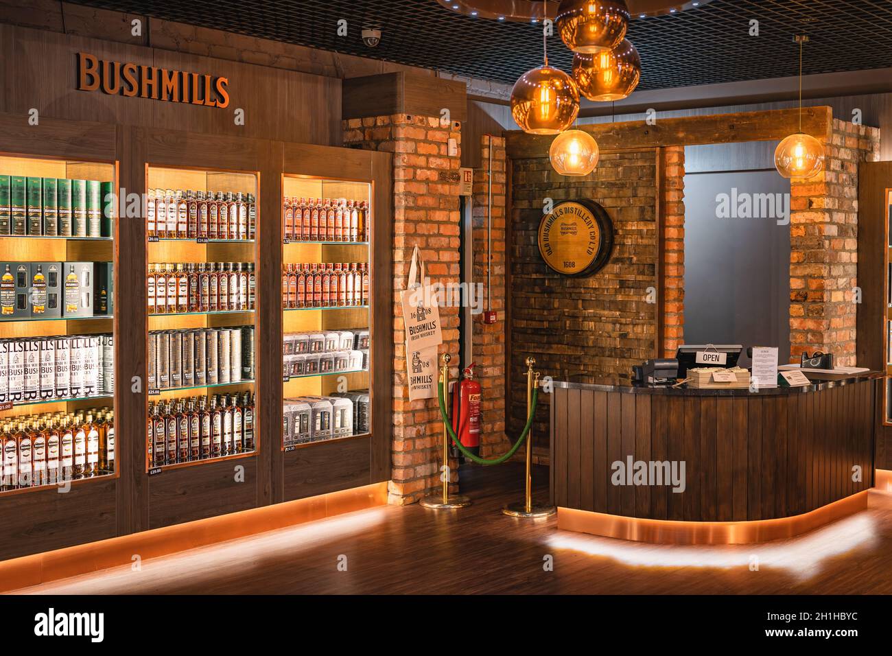 Bushmills, Northern Ireland, Aug 2019 Bushmills whiskey on illuminated ...