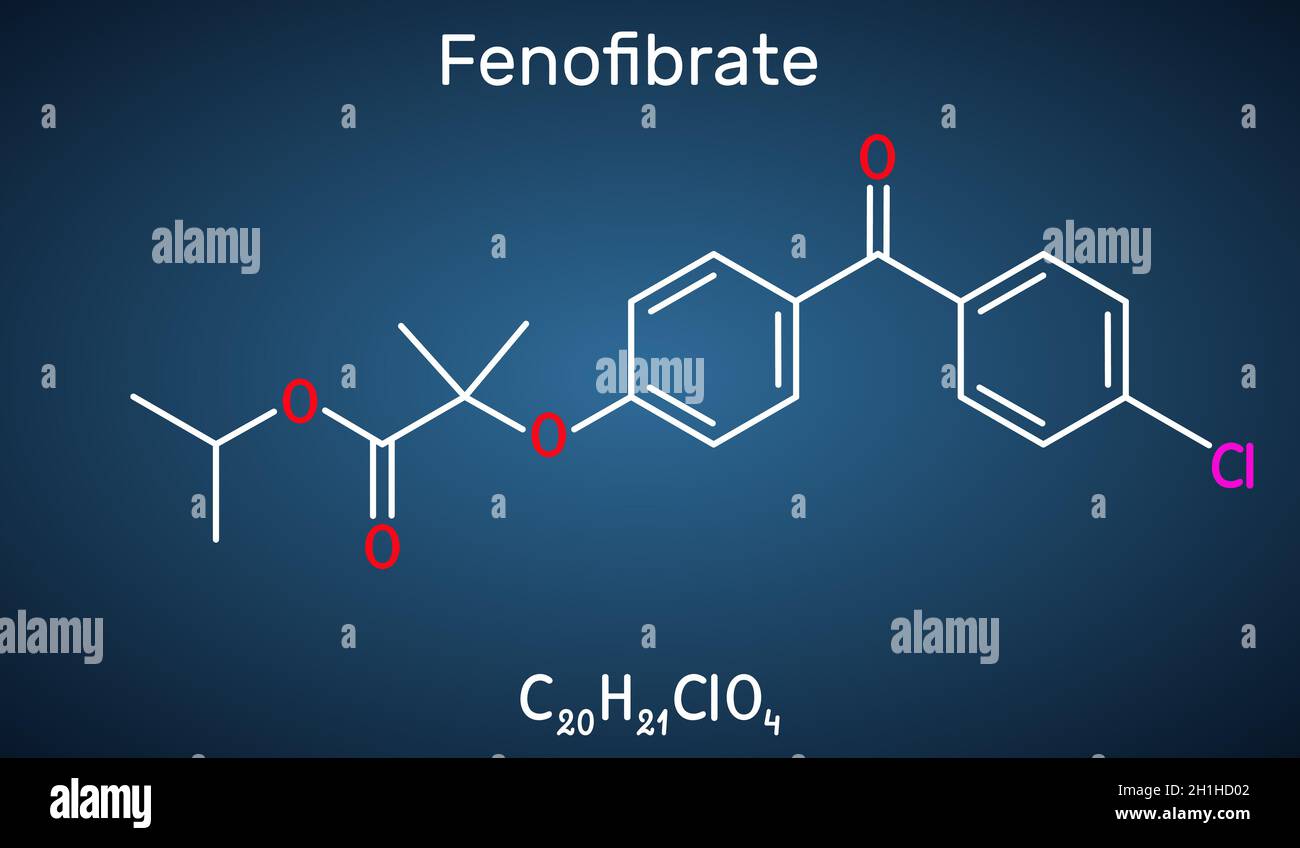 Fenofibrate molecule. It is drug, used to lower cholesterol levels in ...