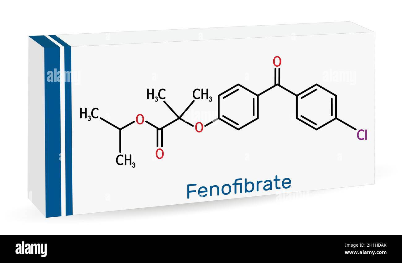 Fenofibrate molecule. It is drug, used to lower cholesterol levels in ...