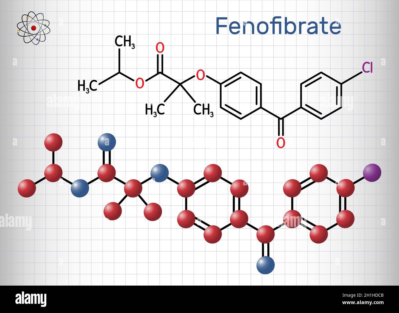 Fenofibrate molecule. It is drug, used to lower cholesterol levels in ...