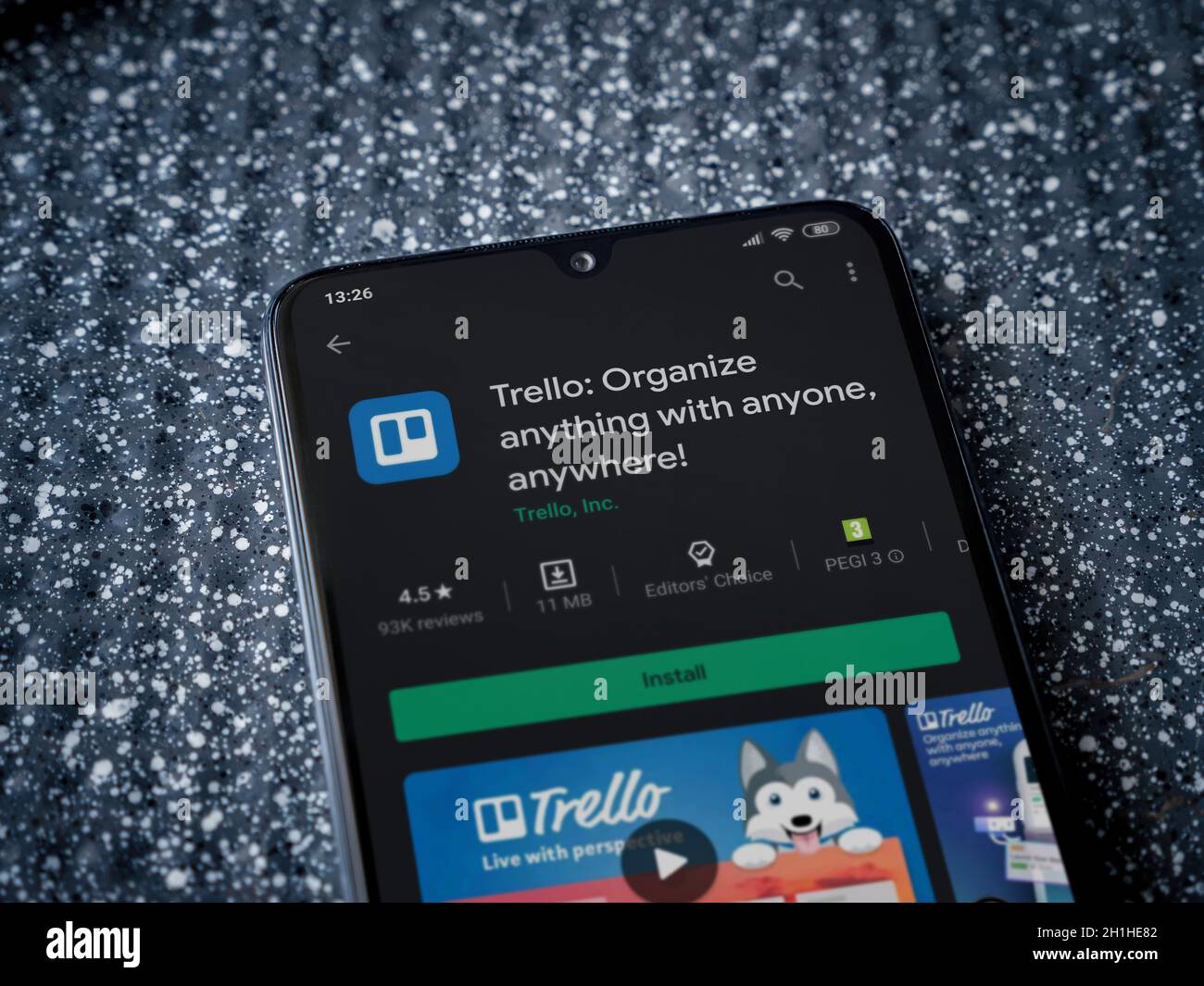 Lod, Israel - July 8, 2020: Trello app play store page on the display of a black mobile ...