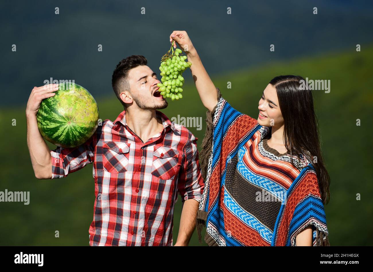 Fruits healthy food. Picnic in highlands. Summer adventures. Girl ...