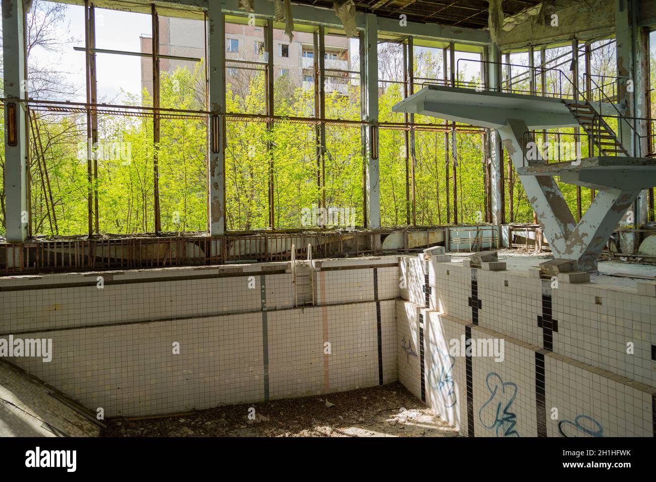 Chernobyl zone. Swimming pool in the city of Pripyat in Ukraine ...